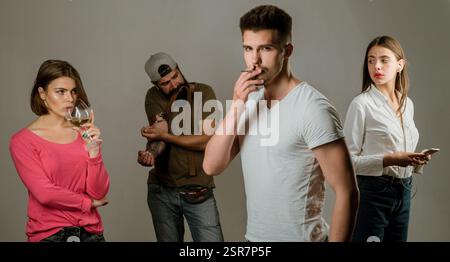 Smoking addiction. Actual social problem. Drug addict or medical abuse ...
