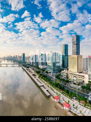City scenery on both sides of the Min River in Fuzhou City, Fujian ...