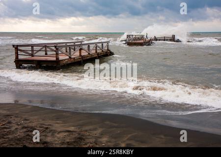 Rome, Italy - November 10, 2014: A wooden bridge near the shore of the ...