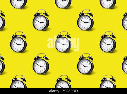 Black alarm clocks on yellow background, pattern. Banner design with ...