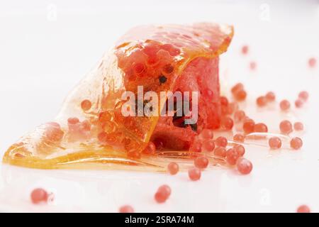Honey wrap with watermelon and strawberry caviar - molecular gastronomy ...