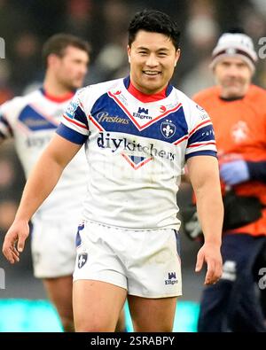Mason Lino of Wakefield Trinity celebrates scoring a drop goal and ...