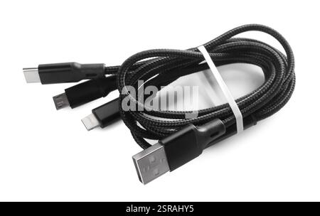 Triple charge cable isolated on white, top view Stock Photo - Alamy