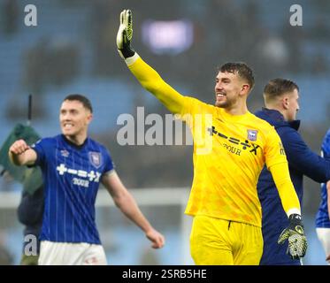 Ipswich Town goalkeeper Alex Palmer (left) and Liam Delap applaud the ...