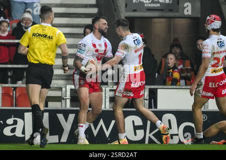 St Helens' Kyle Feldt celebrates after scoring during the Betfred Super ...