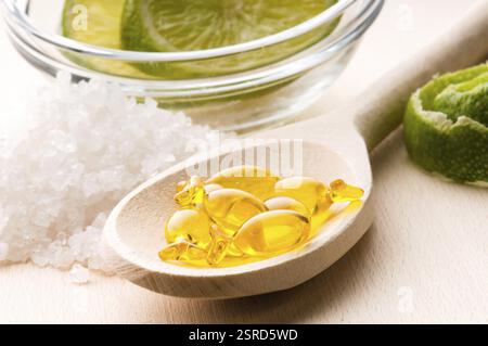 Lemon bath - bath salt, capsule and fresh fruits, poland Stock Photo ...