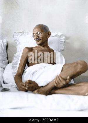 Mahatma Gandhi sitting smiling at Birla House, Bombay, Mumbai, India ...
