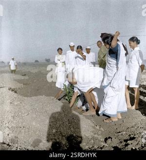 Mahatma Gandhi planting tree with Abha Gandhi, Wardha, Maharashtra ...