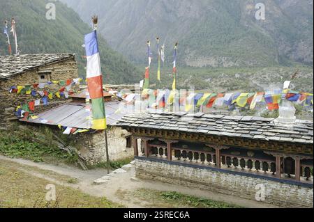 Prayer wheel monastery in upper pisang, Nepal, Asia Stock Photo - Alamy