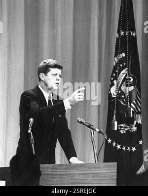 John F Kennedy giving Press Conference, State Department Auditorium ...