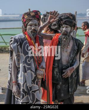 Traditional Hindu ascetics covered in ashes stand together during the ...