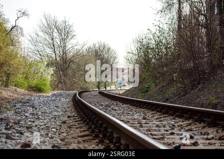 a section of railway with two tracks running through a scenic area ...