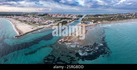 Aerial view at Nea Potidea canal, which connects Toroneos Bay with the ...