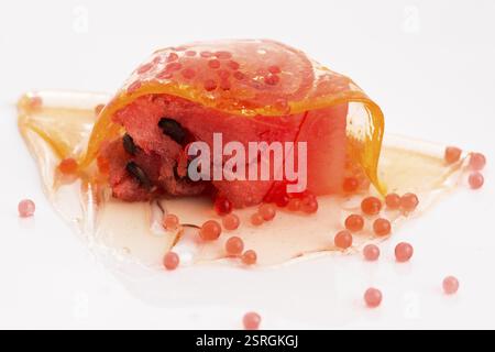 Honey wrap with watermelon and strawberry caviar - molecular gastronomy ...