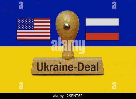 ukrainische Flagge und Stempel mit Schriftzug USA-Ukraine-Deal und US ...