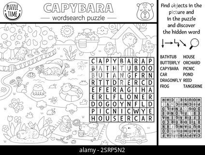 Vector black and white capybara landscape illustration. Cute line ...