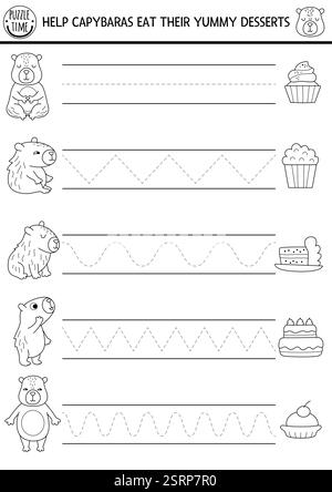 Capybara black and white drawing, writing, tracing and coloring page ...