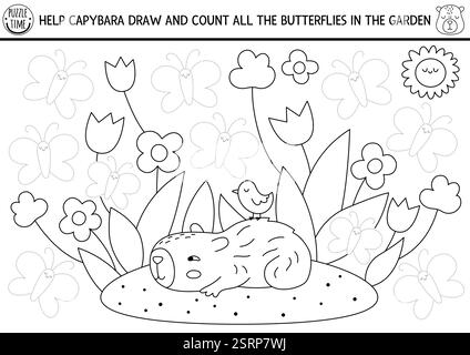 Capybara black and white drawing, writing, tracing and coloring page ...