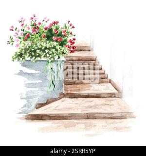 A hand-drawn watercolor illustration of a steep rocky cliff surrounded ...