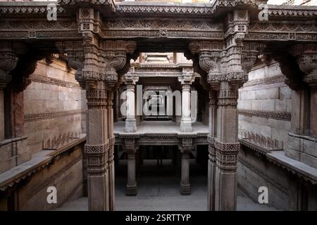 India, Gujarat, Adalaj, Adalaj Vav (Adalaj Step Well), stone steps and ...
