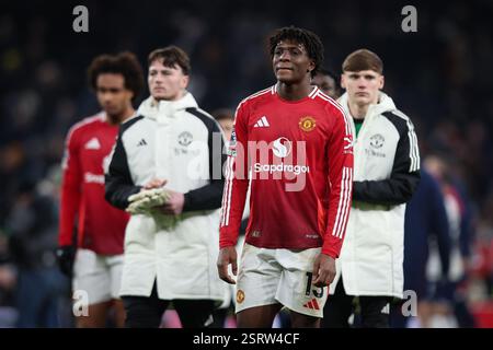Patrick Dorgu of Manchester United reacts to being ruled offside during ...