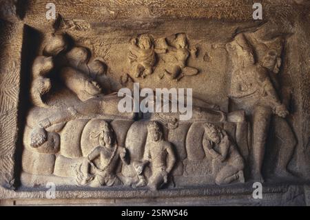 Lord Vishnu reclining on his serpent couch in Cave at Mahishasura ...