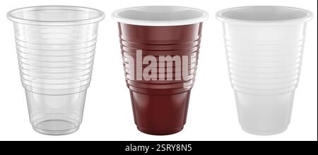 Set of plastic disposable party cup isolated on pink background. 3d ...