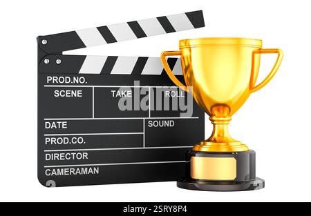 Cinema Award Concept. Golden Award Trophy Movie Slate Clapper Board on ...