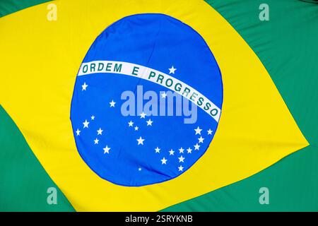 Detail of brazilian flag. Order and Progress write in portuguese Stock ...
