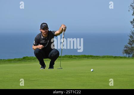 Patrick Rodgers lines up his putt on the first green during the final ...