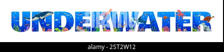 Cartoon underwater landscape and animals, word search puzzle game. Kids ...