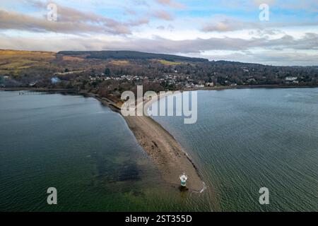Aerial view of Rhu Narrows gravel spit on Gare Loch at Rhu, Argyll and ...