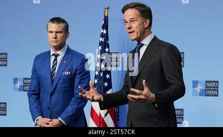 NATO Secretary General Mark Rutte speaks with the media as he departs ...
