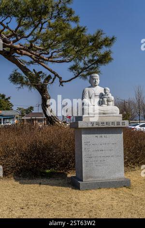 Jincheon, South Korea, March 12, 2020: Wooden walkway across red ...