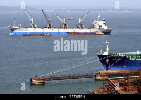 Shipping, Bulk carrier ships berth at Mormugao Port Trust dock at Vasco ...