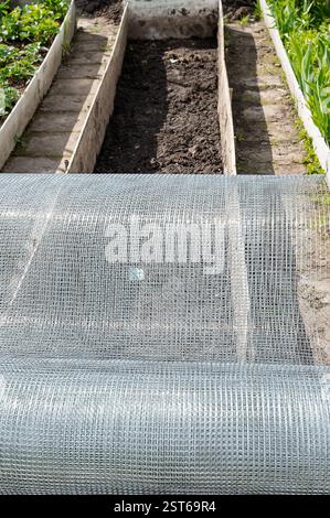Metal netting against rodents. The mesh protects root crops from mice ...