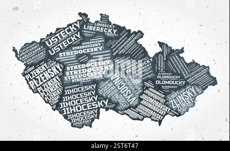 Czechia regions map word cloud. Czechia region names. Black and white ...