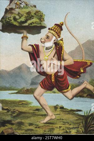 Hanuman, the monkey god carrying Lord Vishnu on his shoulders. Gouache ...