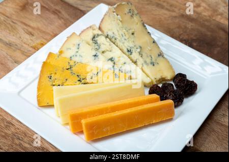 Tasting of English cheeses blue stilton and blue shropshire close up ...