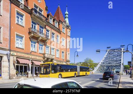 Yellow DVB tram train in the city centre of Dresden. at Postplatz ...