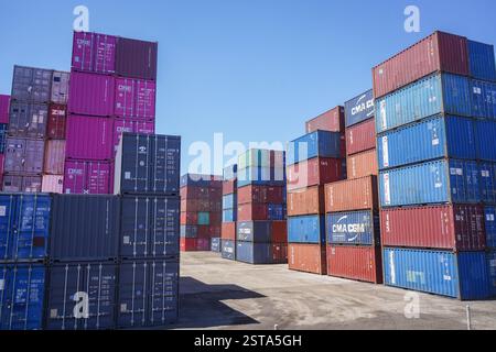 Adelaide, Australia 18 February 2025. Stacked cargo containers at the ...