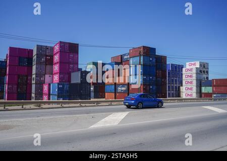 Adelaide, Australia 18 February 2025. Stacked cargo containers at the ...