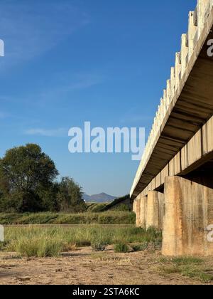 Structure of reinforced concrete bridge along the sea. Bottom view of ...