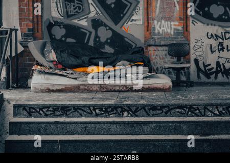 Urban Survival, Homeless Bed Amid Graffiti and Rubble, homelessness ...