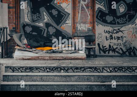 Urban Survival, Homeless Bed Amid Graffiti and Rubble, homelessness ...