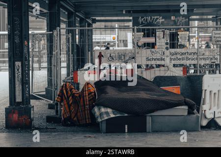 Urban Survival, Homeless Bed Amid Graffiti and Rubble, homelessness ...