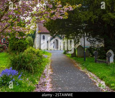 A path leading through the church grave yard past stone crosses and ...