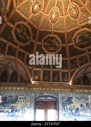 Ceiling, ornate gold and wood with painted scenes, opulent and regal ...