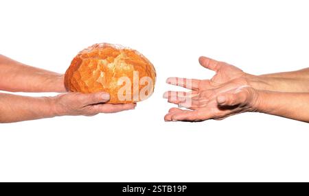 Elder woman hand give a loaf of bread to hands of a beggar. Poverty and ...