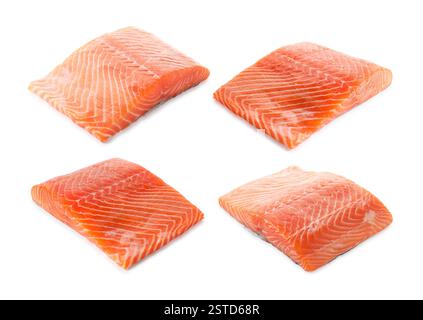 Set with pieces of fresh raw salmon, spices and lemon on white ...